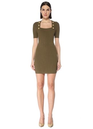 Balmain Kadın Haki Kare Yaka Kısa Kol Mini Triko Elbise 40 FR