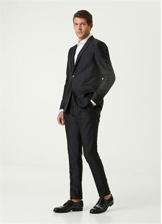 Palzileri Lab Erkek Siyah Geometrik Desenli Yün Takım Elbise 50 IT