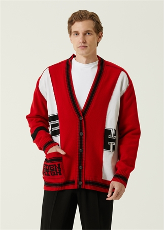 MCQ Erkek Kırmızı V Yaka Sweatshirt Detaylı Triko Hırka S EU