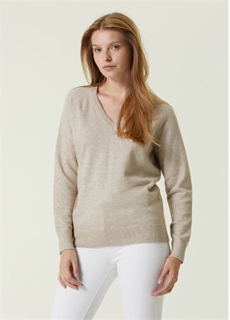 Network Kadın Regular Fit Bej Melanj V Yaka Kazak L EU