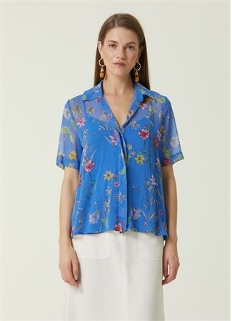 Beymen Club Kadın Mavi Çiçekli Kısa Kol Şifon Gömlek XS