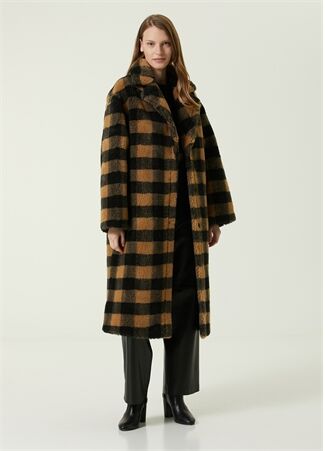 Stand Kadın Maria Kahverengi Kareli Suni Kürk Palto 36 FR