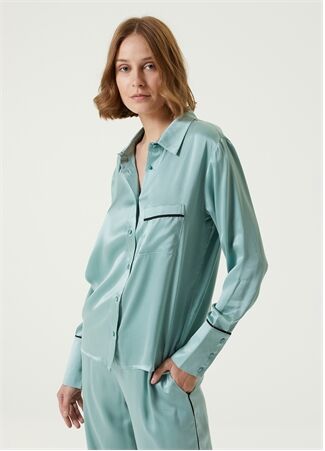 House of Silk Kadın Lila Yeşil İpek Pijama Üstü S EU