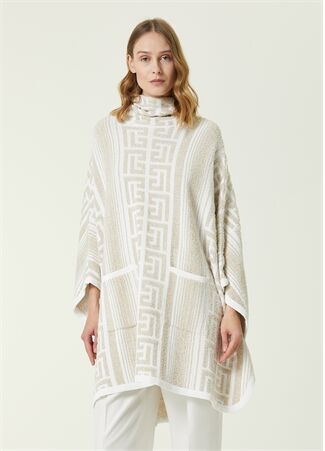 Balmain Kadın Bej Logo Jakarlı Panço US