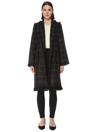 Beymen Kadın Siyah Kare Desenli Püskül Detaylı Kaban 34 EU