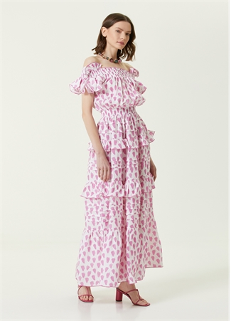 Gül Hürgel Kadın Pembe Düşük Omuzlu Desenli Maksi Keten Elbise S EU