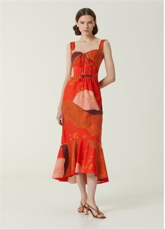 Johanna Ortiz Kadın Kırmızı Desenli Organik Pamuklu Midi Elbise 2 US