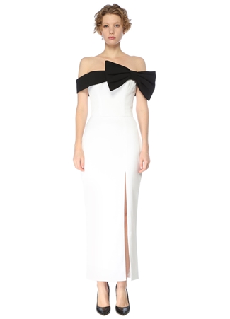 Rasario Kadın Siyah Beyaz Düşük Omuzlu Maksi Abiye Elbise 38 IT