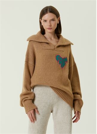 Palm Angels Kadın Camel Dik Yaka Logolu Yün Kazak Kahverengi S EU