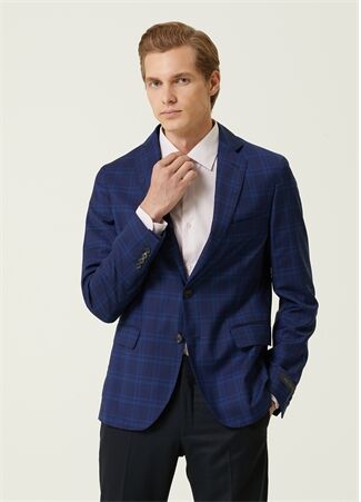 Pal Zileri Erkek Mavi Kelebek Yaka Kareli Yün Ceket 46 IT