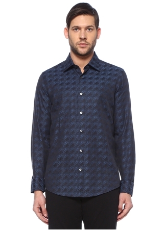 Pal Zileri Erkek Mavi İngiliz Yaka Geometrik Desenli Gömlek Lacivert 42 IT