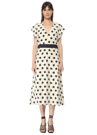 Stella McCartney Kadın Bej Lacivert Desenli Midi İpek Elbise 38 IT