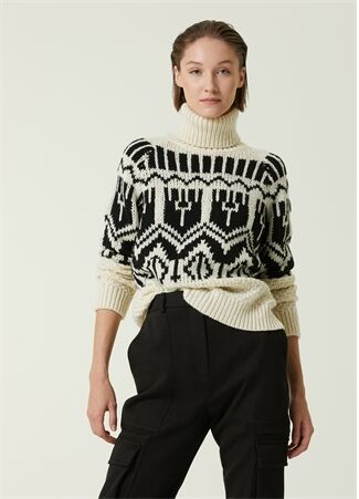 Moncler Kadın Siyah Beyaz Balıkçı Yaka Jakarlı Yün Kazak M EU