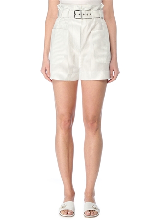 Brunello Cucinelli Kadın Beyaz Yüksek Bel Kemerli Çizgili Şort Siyah 42 IT