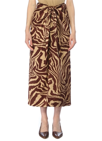 Ganni Kadın Kahverengi Desenli Midi İpek Saten Etek 36 FR