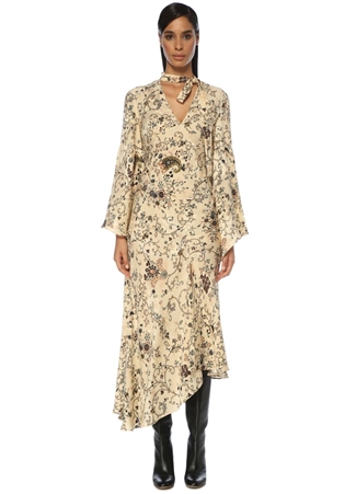 Etro Kadın Krem Şal Desenli Asimetrik Midi İpek Elbise Beyaz 40 IT