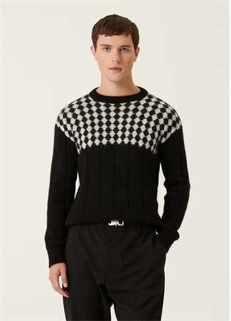 Erkek Siyah Beyaz Geometrik Desen Jakarlı Kazak L EU