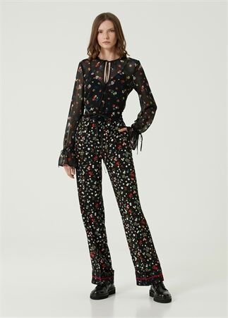 Red Valentino Kadın Siyah Çiçekli İpek Pantolon 38 IT