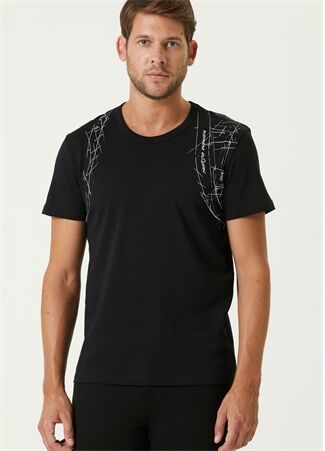 Alexander McQueen Erkek Siyah Omuzları Kontrast Desenli T-shirt L EU