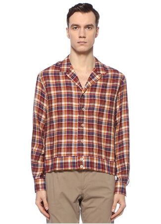 Pal Zileri Erkek Kahverengi Kamp Yaka Ekoseli Keten Gömlek 4 IT