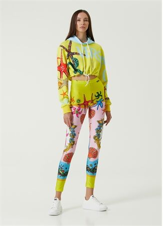 Versace Kadın Sarı Kapüşonlu Desenli Crop Sweatshirt 38 IT