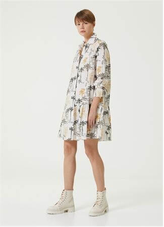 Beymen Club Kadın Çizgi Palmiye Desenli Organik Pamuk Gömlek Elbise Beyaz 34