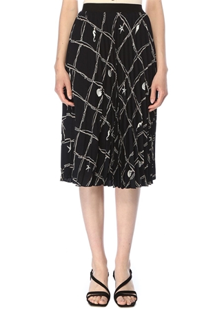 Beymen Club Kadın Siyah Zincir Desenli Pilili Midi Şifon Etek Lacivert 36