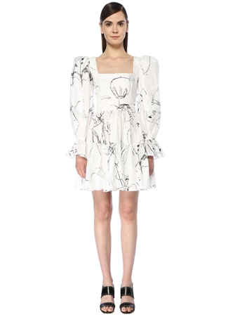 Alexander McQueen Kadın Beyaz Kare Yaka Desenli Balon Kol Mini Elbise Siyah 42 IT