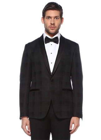 Pal Zileri Erkek Siyah Şal Yaka Kareli Saten Garnili Ceket 50 IT