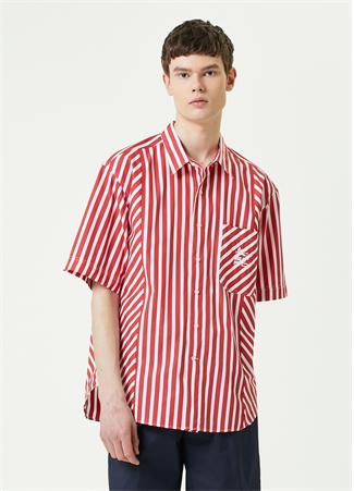 Etro Erkek Kırmızı Beyaz Logo Nakışlı Kısa Kollu Gömlek S EU