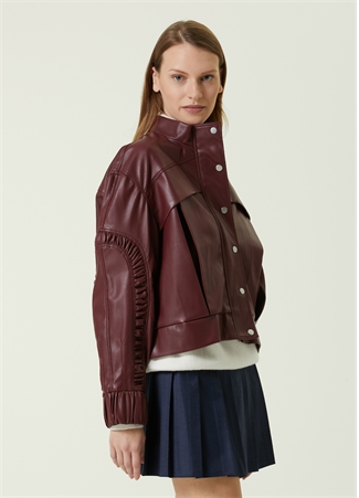 Mybestfriends Kadın Noemi Bordo Dik Yaka Büzgülü Deri Mont XS EU