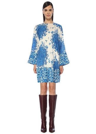 Valentino Kadın Ekru Mavi Desenli Mini İpek Elbise 44 IT