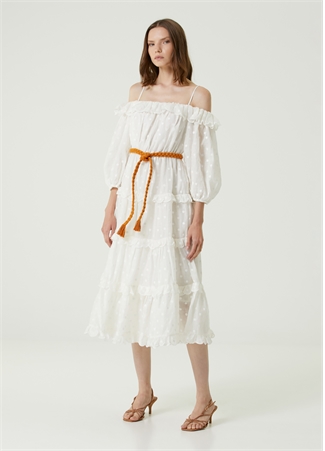 Zimmermann Kadın Mae Ekru Puantiyeli Düşük Omuzlu Midi Elbise Beyaz 2 US