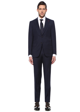Isaia Erkek Lacivert Kelebek Yaka Çizgili Yün Takım Elbise 48 IT Isaia Erkek Lacivert Kelebek Yaka Çizgili Yün Takım Elbise 48 IT