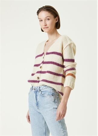 Maksu Kadın Marseille Ekru Mor V Yaka Çizgili Hırka XS/S EU