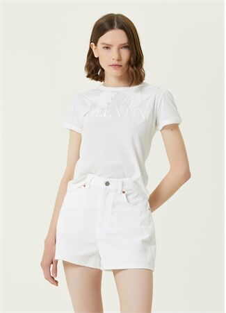 Valentino Kadın Beyaz Bisiklet Yaka Çiçek Nakışlı T-shirt Xs Eu