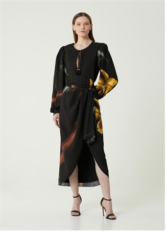 Johanna Ortiz Kadın Siyah Desenli Yırtmaçlı Midi Etek 2 US
