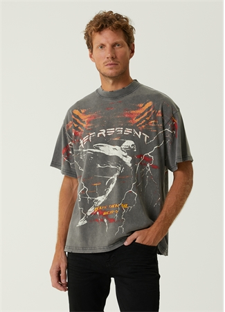 Represent Erkek Gri Logo Baskılı Eskitme Detaylı T-shirt S EU