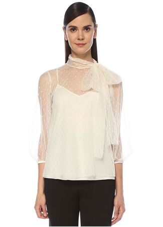 Red Valentino Kadın Ekru Yakası Bağcıklı Tül Garnili Bluz Bej 40 IT