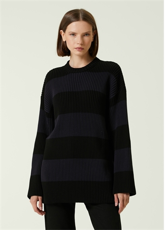 Balenciaga Kadın Lacivert Siyah Çizgili Ribli Kazak XS EU