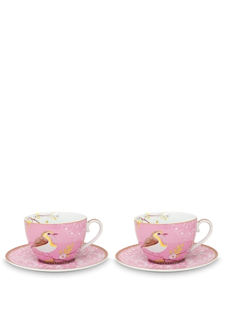 Pip Studio Pembe Kuş Baskılı 2li Porselen Çay Fincanı Seti Çok Renkli Pip Studio Pembe Kuş Baskılı 2li Porselen Çay Fincanı Seti Çok Renkli
