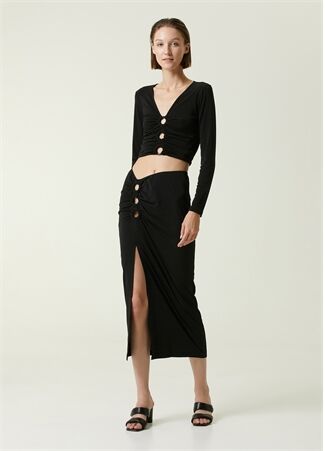 Musier Kadın Siyah Büzgülü Yırtmaçlı Midi Etek 34 IT