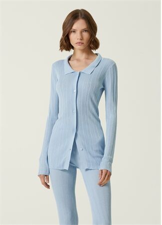 Aya Muse Kadın Mavi Polo Yaka Ribli Hırka S EU