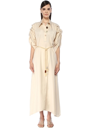Nanushka Kadın Hanna Ekru Kol Detaylı Maksi Poplin Elbise Bej S EU