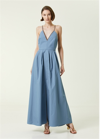 Brunello Cucinelli Kadın Mavi V Yaka Sırt Detaylı Maksi Elbise S EU