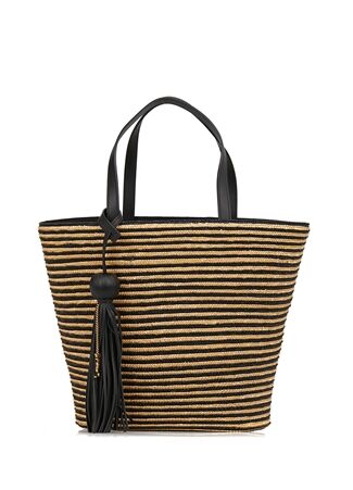 Kadın Bej Siyah Örgü Dokulu Deri Çanta EU