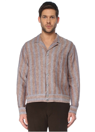 Pal Zileri Erkek Gri Kamel Çizgili Apaç Yaka Keten Gömlek Kahverengi 4 IT