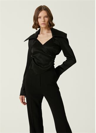 Nanushka Kadın Ohara Siyah Kruvaze Saten Bluz L EU