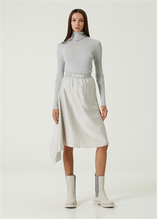 Brunello Cucinelli Kadın Taş Drapeli Midi Saten Etek Gri M EU