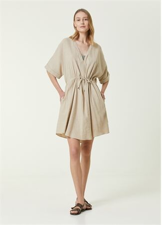 Brunello Cucinelli Kadın Bej V Yaka Beli Büzgülü Mini Elbise M EU